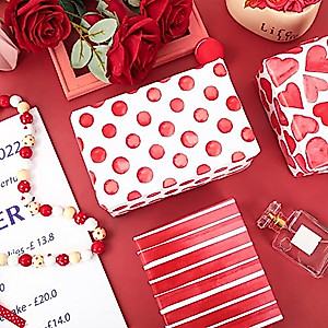Whaline 12 Sheet Valentine's Day Wrapping Paper 6 Design Watercolor Love Heart Dots Wrapping Paper Red White Patterned Art Paper for Wedding Anniversary Baby Shower Birthday Gift Packing, 20 x 28 In