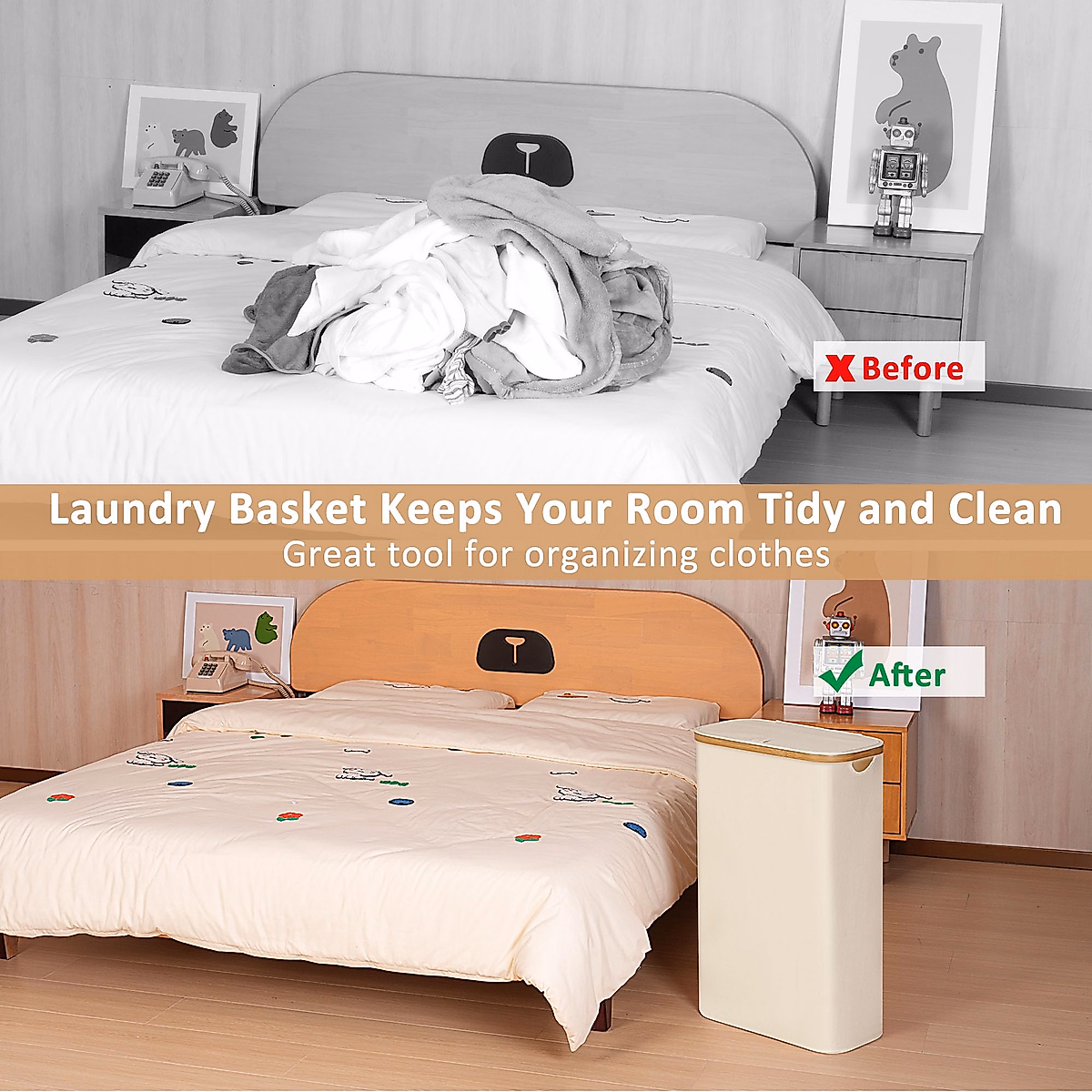 iEGrow Slim Laundry Hamper, Narrow Laundry Basket with Lid,Foldable Clothes Hamper with Bamboo Handles,Hamper Basket with Removable Inner Bag for Laundry Room Bedroom College Dorm,60L Beige