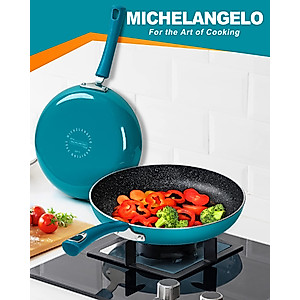 MICHELANGELO Non Stick Frying Pans Set, 8 Inch & 10 Inch Skillet Set, Frying Pans Nonstick with Granite Interior, Enamel Nonstick Pans for Cooking, Frying Pan Set with Silicone Handle, Cyan