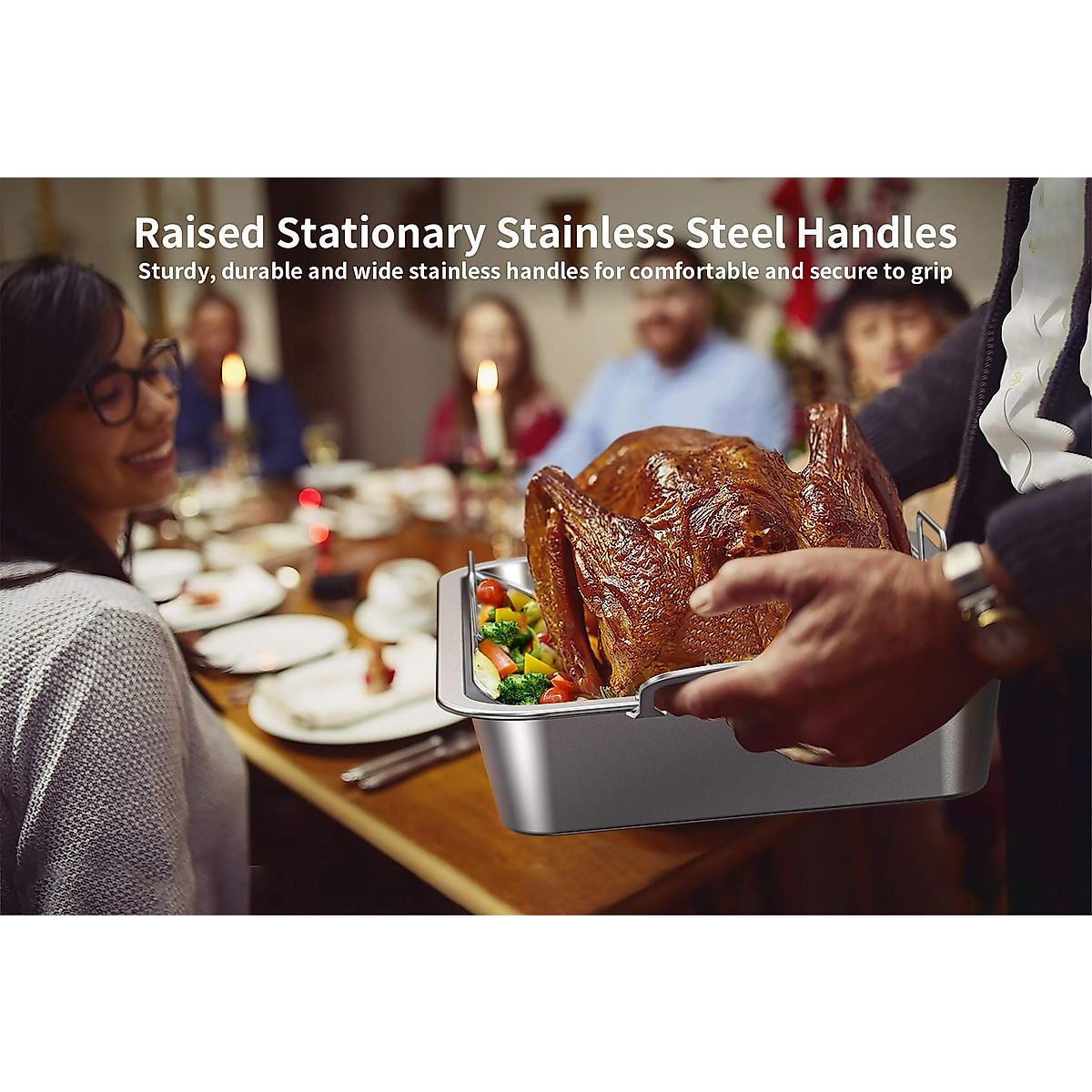 Skyflame Roasting Pan with Rack for Turkey, Stainless Steel Silver Rectangular Barbecue Bakeware Roaster Pan with Nonstick U-Rack for Indoor/Outdoor Oven Cooking