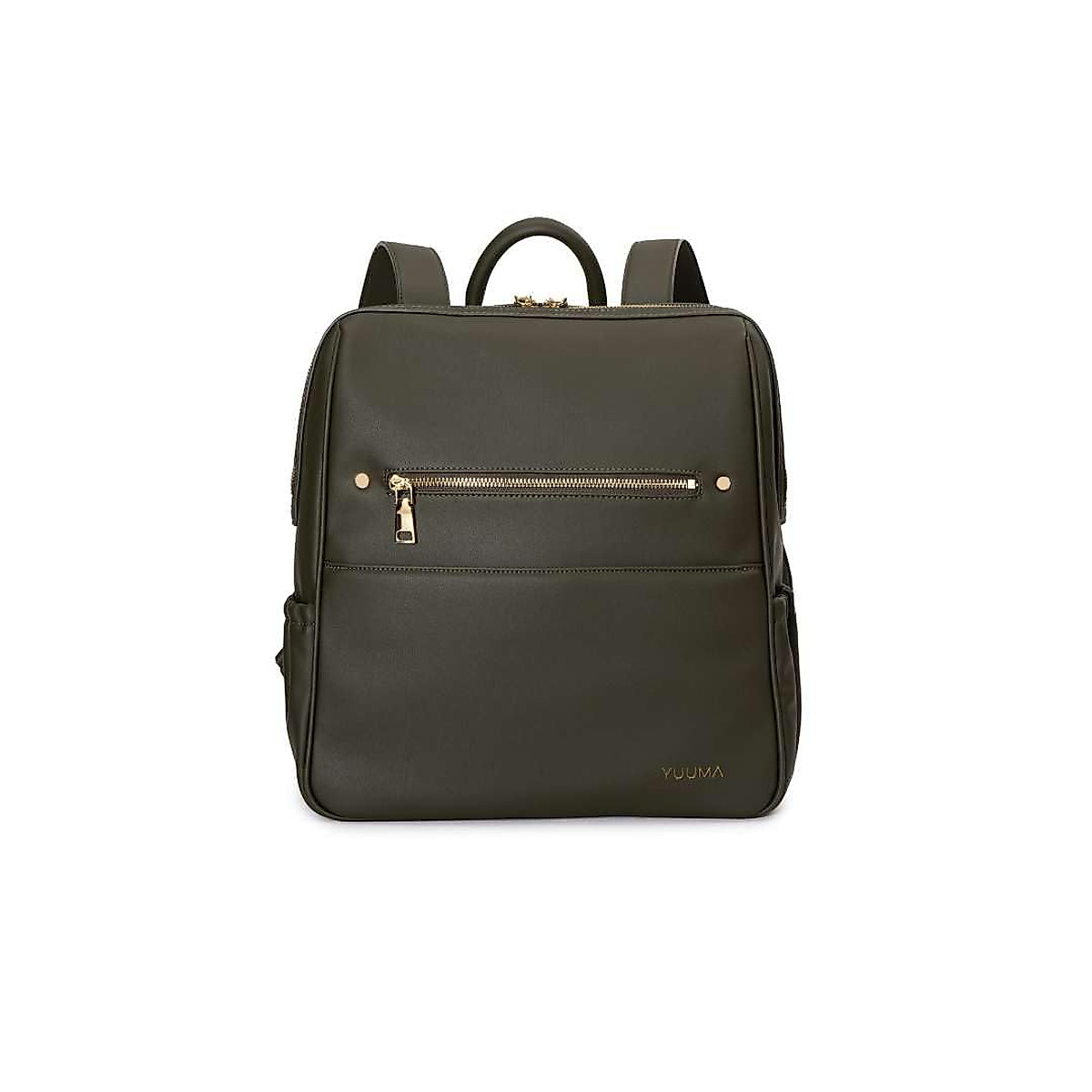 YUUMA Collection Original Diaper Backpack - Vegan Leather Diaper Bag - Gold Zipper - Multiple Pockets - Easy Clean Nylon Interior - Many Colors - Modern Diaper Bag (Olive)