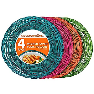 Stock Your Home 10-Inch Bamboo Paper Plate Holder (4 Count) - Heavy Duty Wicker Reusable Paper Plate Holders - Multicolor Charger Plates