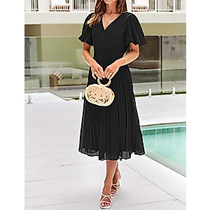 MEROKEETY Womens 2023 Summer Puff Sleeve Wrap V Neck Pleated Flowy Midi Dress for Wedding Guest,Black,M