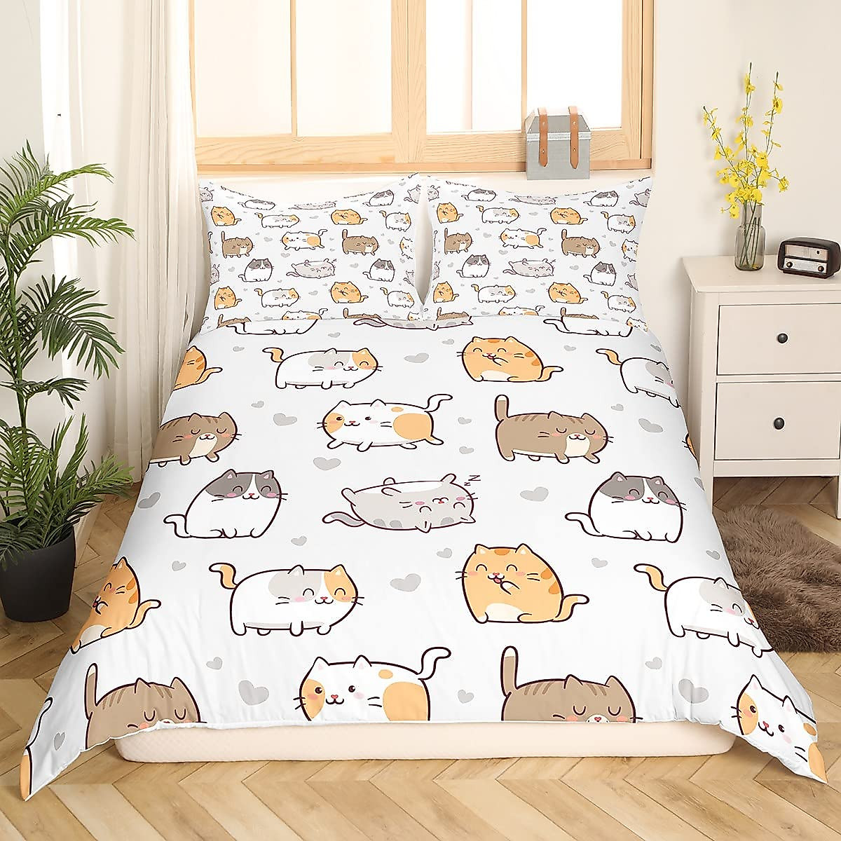 Erosebridal Cartoon Animal Bed Set Kawaii Cats Duvet Cover, Pet Kitten Bedding Set King, Cute Hearts Comforter Cover, Grey Gray Brown Orange Bed Cover Preppy Dorm Decor 3pcs