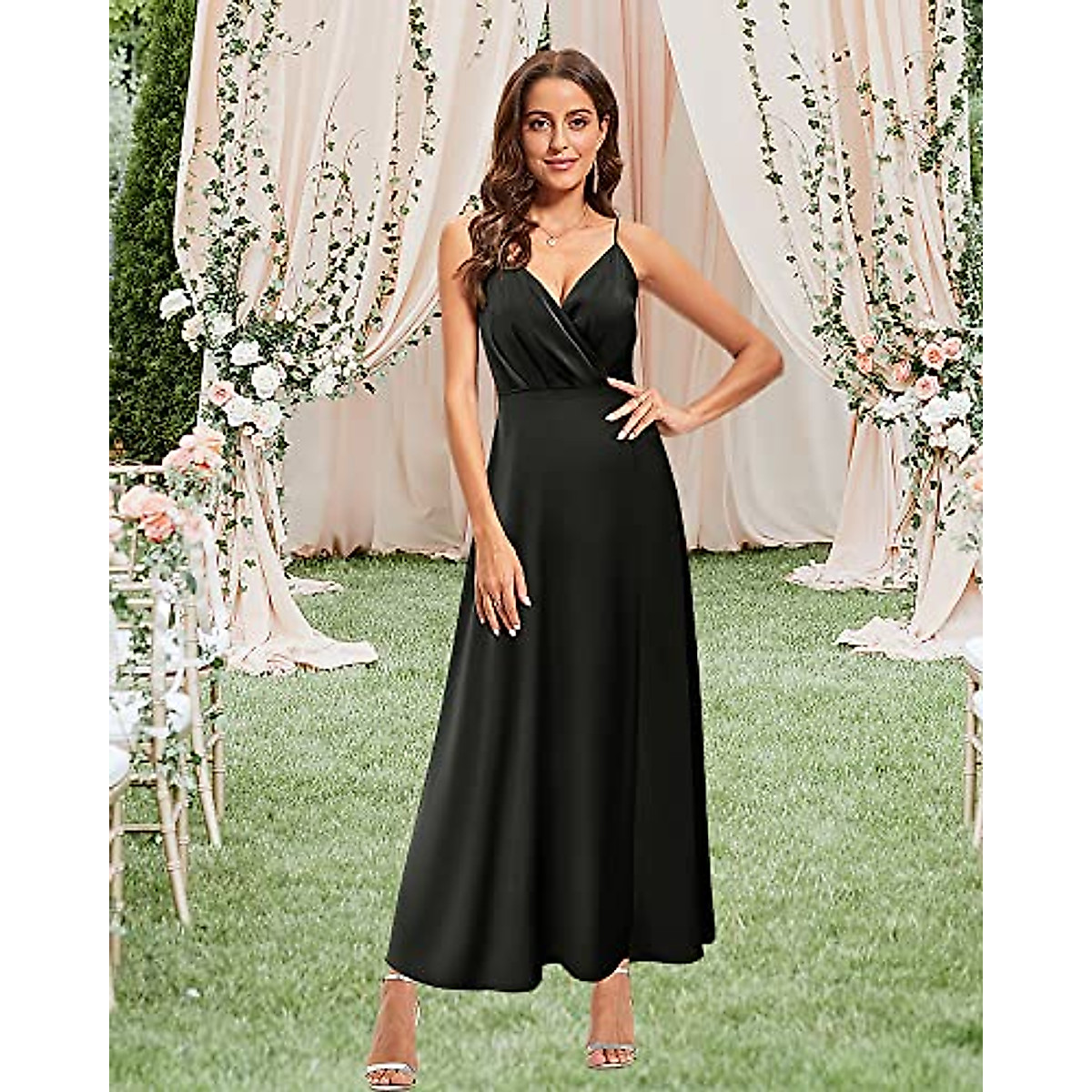 Newshows Women's Satin Long Black Dress V Neck Spaghetti Strap Sleeveless Slit Cocktail Wedding Guest Summer Maxi Dress 2023 (Black, Medium)