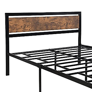 FIQHOME Metal and Wood Bed Frame with Rustic Vintage Headboard and Footboard,Queen Size Platform Bed,No Box Spring Needed, Easy to Assemble(Black)