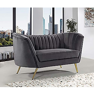 Meridian Furniture Margo Collection Modern | Contemporary Velvet Upholstered Loveseat with Deep Channel Tufting and Rich Gold Stainless Steel Legs, Grey, 65" W x 30" D x 33" H
