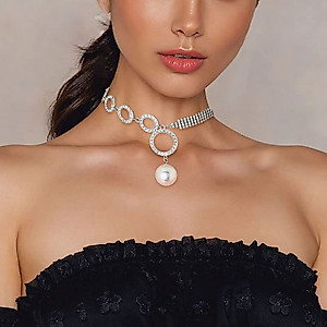 ELABEST Sparkly Rhinestone Necklace Pearl Necklace Crystal Choker Circle Necklace Trendy Tennis Chain Dainty Wedding Bridal Bridesmaid Jewelry for Women (Silver)