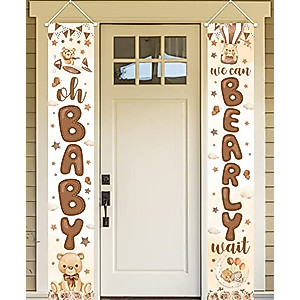 Bear Baby Shower Party Decoration-2 Pices We Can Bearly Wait Porch Sign Banner,Gender Reveal Banner Porch Sign for Welcome Baby Party,Gender Neutral Bear Photo Props Supplies Indoor Outdoor