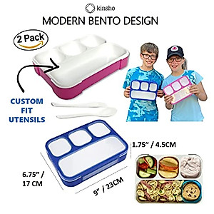 Bento Lunch-Box for Kids and Adults: Leakproof Lunch Boxes with 4 Compartments, Divided Containers for Boys Girls Women Men - School Work Portion Container, Utensils, Blue + Rose Pink Set