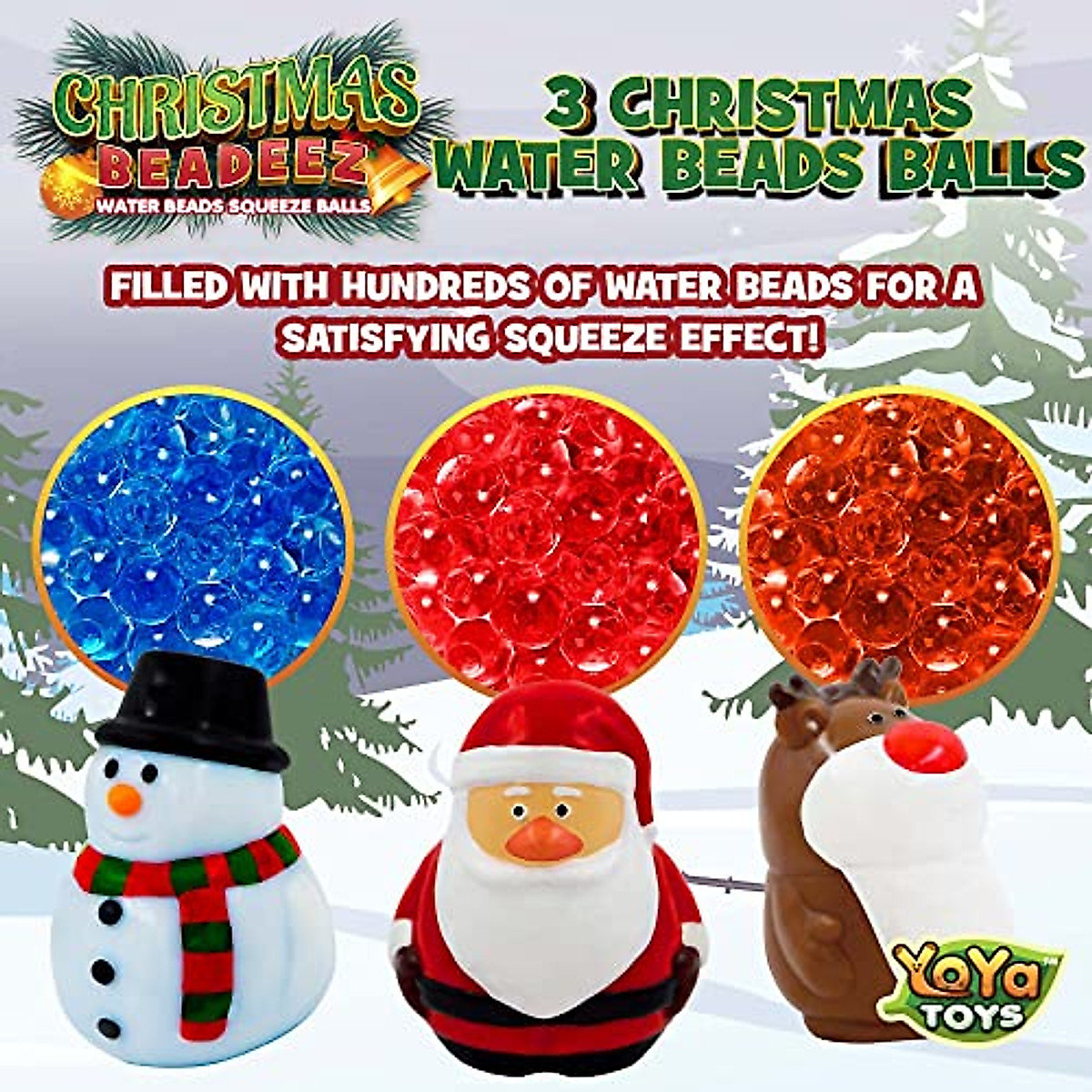 YoYa Toys Christmas Squishies Beadeez - Water Beads Squeeze Balls for Anxiety & Stress Relief, Focus, & Relaxation, Slow Rising Toys for Kids & Adults, Great Gift, 3-Pack Holiday Squishes Set