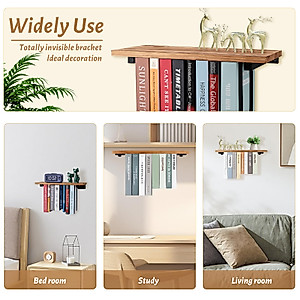 Floating Wooden Bookshelves for Wall, Elastic Bands Hanging Book Holder, Book Handmade Storage Organizer, Burlywood Bookshelf with Metal Brackets Wall Mount, 2-Pack