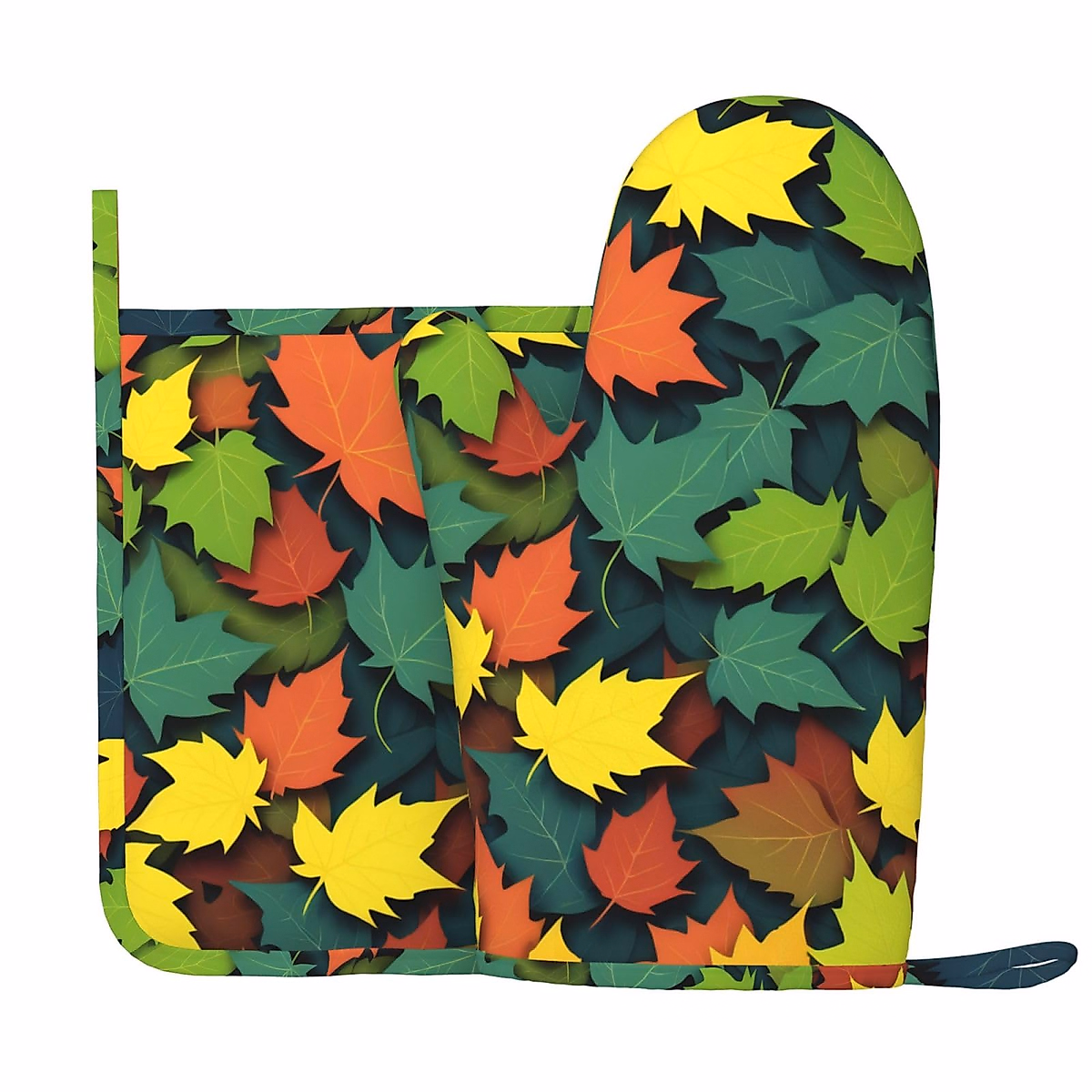 Colorful Leaf Silicone Oven Mitts Pot Holder Sets 2pcs Cute Design Washable Non Slip Kitchen Heat Resistant Mat Women's Cooking Gloves for Baking and BBQ Wear