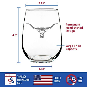Longhorn - Stemless Wine Glass - Western Themed Farm Decor and Gifts for Texan Ranchers - Large 17 Ounce