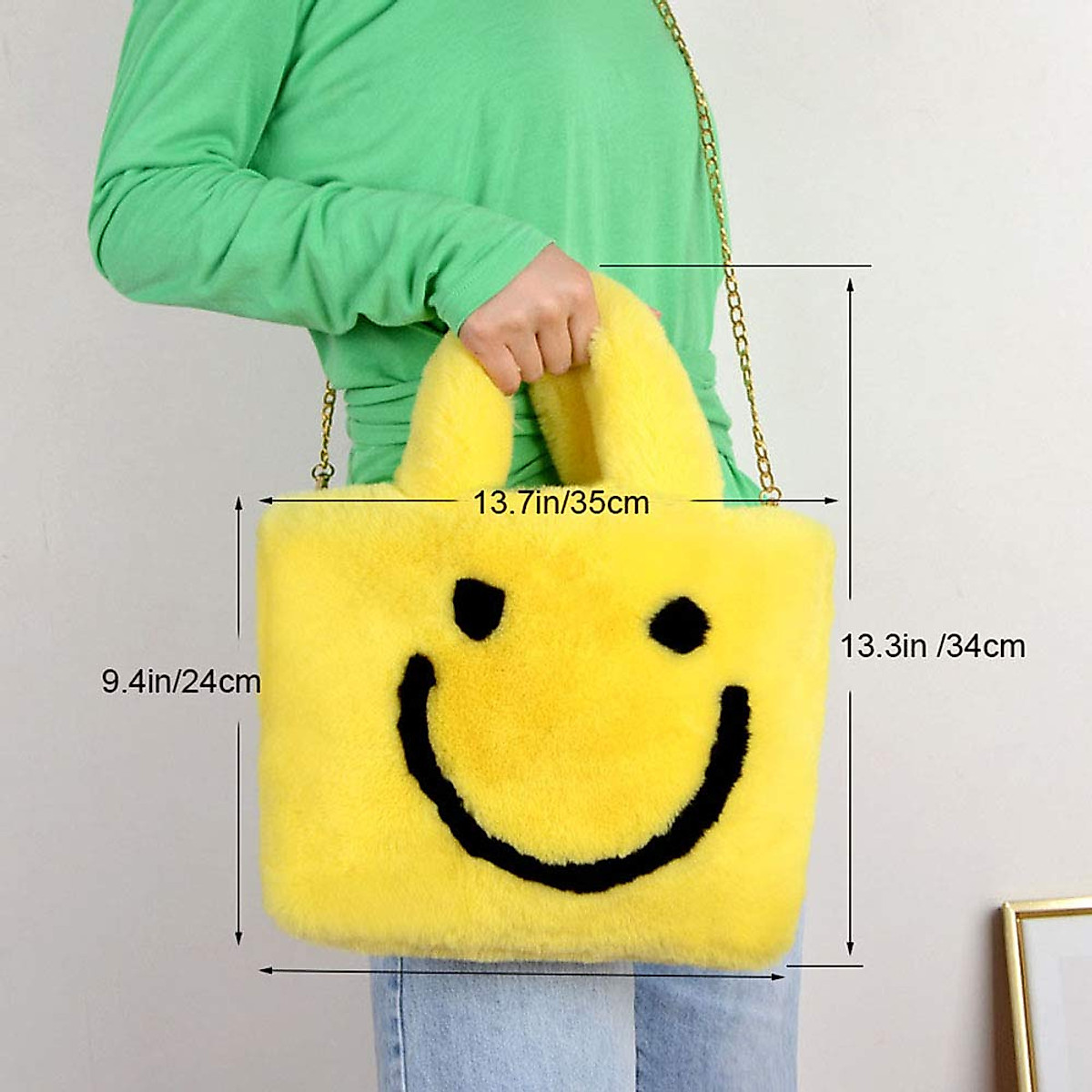 lovetoyou Women Faux Fur Clutch Handbag Tote Bag Shoulder Bag Crossbody Bag with Detachable Chain (Yellow)