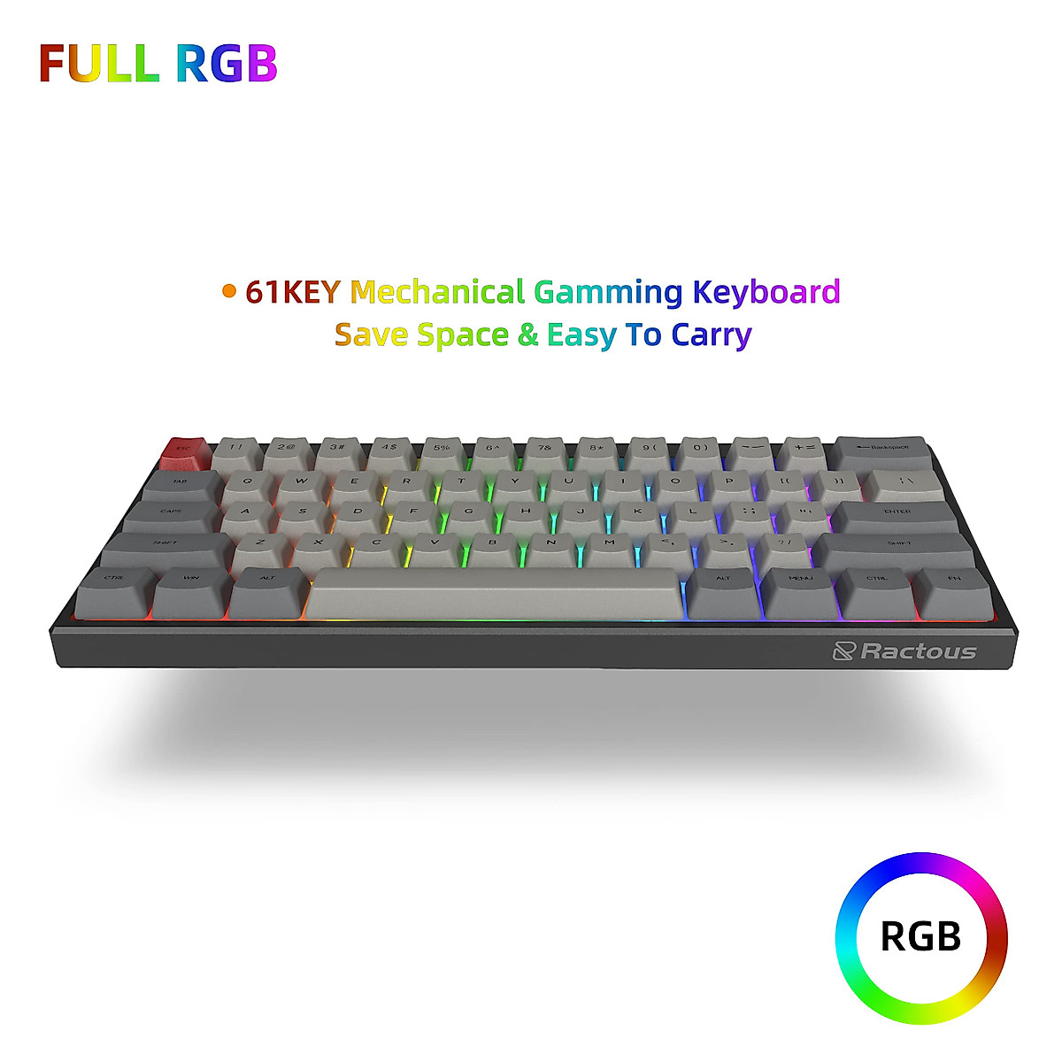 Ractous RTK61BP 60% Wireless Mechanical Gaming Keyboard,RGB Blacklit PBT Sublimation Keycaps 61keys Bluetooth5.1/Wried Gaming Keyboard for PC/Mac Gamers,Hot-Swap Gateron Optical Red Switch-Black