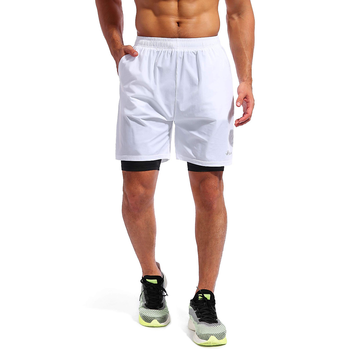 Pudolla Men’s 2 in 1 Running Shorts 7" Quick Dry Gym Athletic Workout Shorts for Men with Phone Pockets(White Medium)