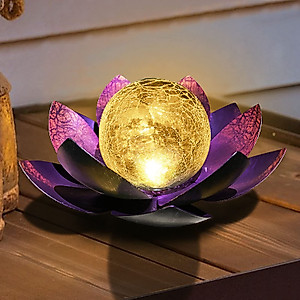 QZZP Solar Lights Outdoor Garden Decor,Crackle Globe Glass Decoration,Outside Waterproof Purple Metal Lotus Flower for Pathway,Walkway,Patio,Yard,Lawn,Tabletop,Ground