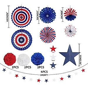 MOVINPE 4th of July Patriotic Party Decorations Set, American Flag Hanging Paper Fans, Paper Flower Balls Pom Poms, 4Pcs Star Streamers Banner Garland Independence Day Party Supplies