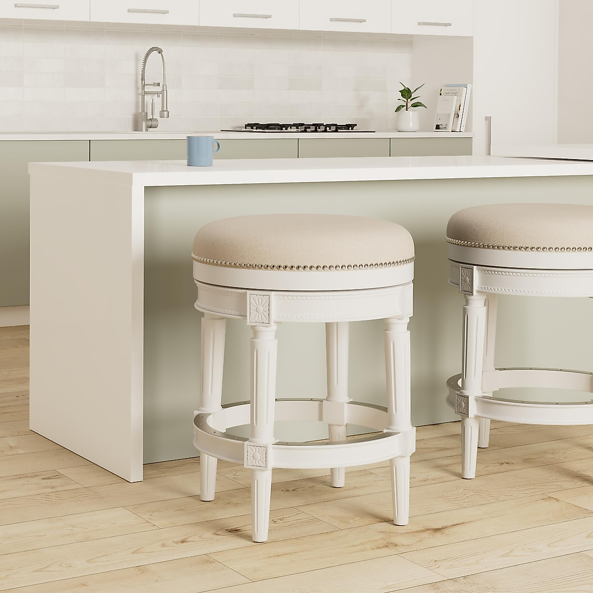 Maven Lane Pullman 26 Inch Tall Backless Alabaster White Finish Counter Height Upholstered Barstool with Cream Fabric Cushion Seat