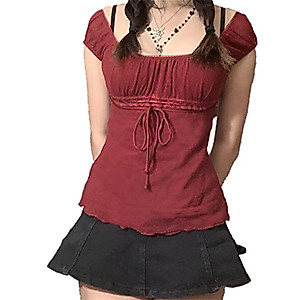 Women Lace Patchwork Crop Top Y2k Fairycore Aesthetic Tank Top Vintage Long Sleeve Fairy Grunge Shirt Streetwear (Red-017A, S)