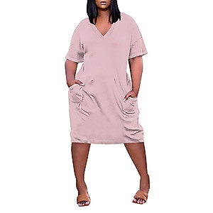Cnebo Office Dresses for Women for Work Dresses for Women Suitable Plus Size V Neck Dresses Short Sleeve Knee Printed A Line Pink