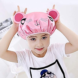 FirstKitchen Shower Cap for Kids, 2PCS Toddler Shower Cap, Cute Shower Cap with Double Layer, Kids Shower Caps for Girls Boys Child with Cartoon Animal(Pink Mouse + Gray Mouse)