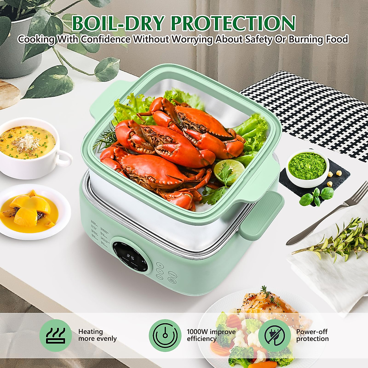 spoonlemon Electric Food Steamer, 9.3L 2-Tier Digital Steamers for Cooking with 24H Booking & 6H Auto Warming, 8 Modes Fast Heating Vegetable Steamers Stainless Steel with Boil Dry Protection, Green
