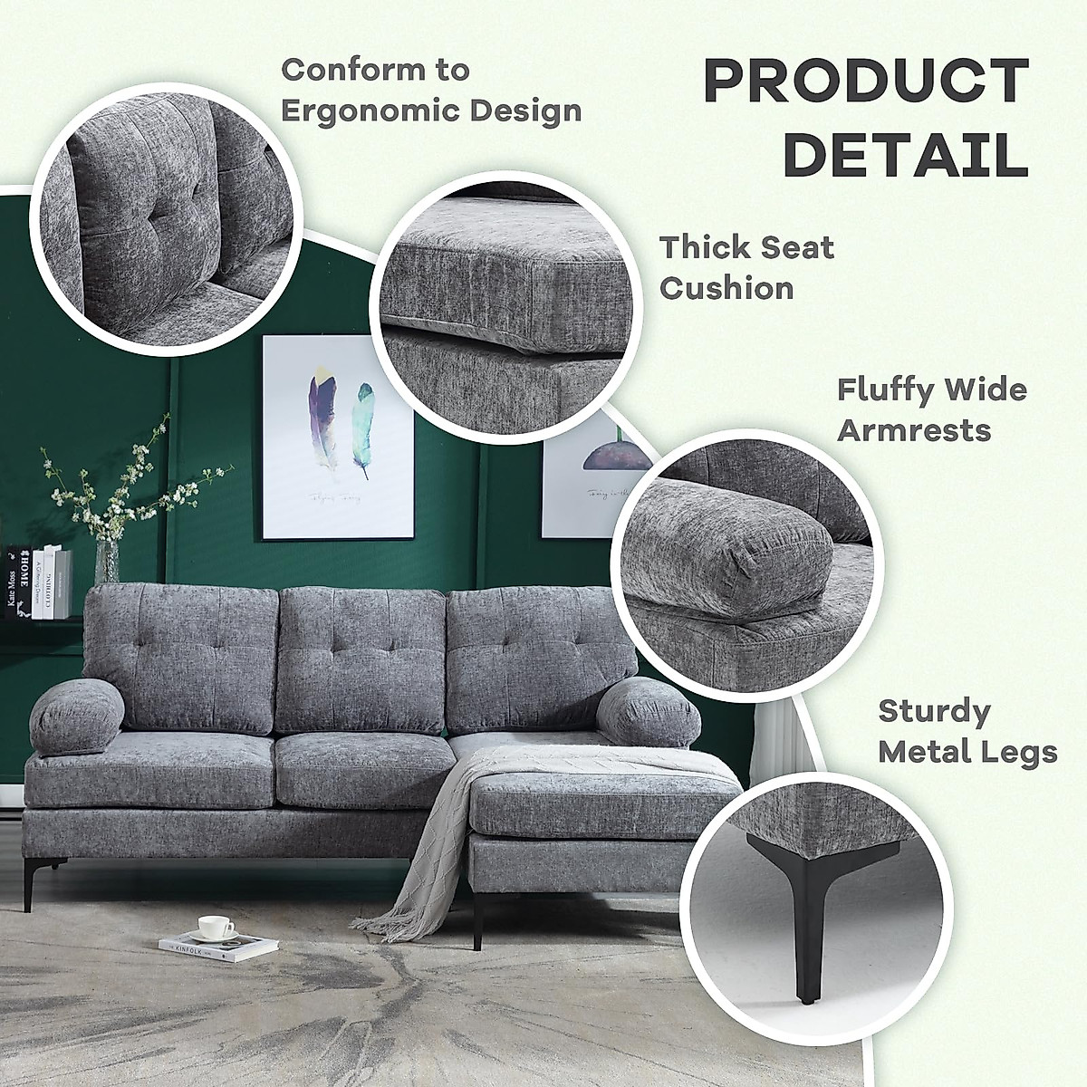 80 Inch Sectional Sofa, Modern Comfy Chenille L Shape Sofa with Chaise Lounge 3 Seat Sleep Sofa with Fluffy Armrests Deep Seat Sofa for Living Room Small Space Apartment(Grey)