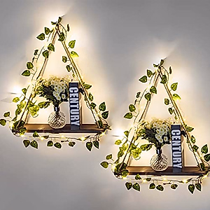 IMURGIFT 2 Pack Artificial Ivy LED-Strip Hanging Shelves for Wall Wooden Wall Hanging Shelves Wall Decor Shelves Elegant Bedroom Wall Hanging Decor for Bedroom Bathroom Living Room Kitchen