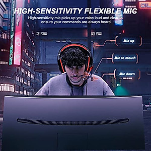 NPET HS10 Stereo Gaming Headset for PS4 PC Xbox One PS5 Controller, Noise Cancelling Over Ear Headphones with Mic,LED Light, Bass Surround, Soft Memory Earmuffs for Laptop Mac Nintendo NES Games Red