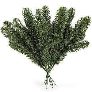 Hedume 50pcs Artificial Pine Branches, 11" x 4" and Features 3 Stems Greenery Xmas Pine Picks Pine Leaves Pine Twigs for Garland Wreath Christmas Embellishing and Home Garden Decoration