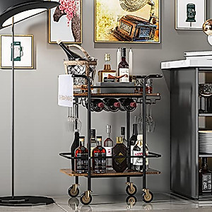 Wisdom Star 2 Tier Bar Cart with Wheels, Serving Cart with Wheels and 2 Handle, Outdoor Bar Cart for The Home with Wine Rack and Glass Holder, Kitchen Serving Cart for Home, Dining Room, Party, Black