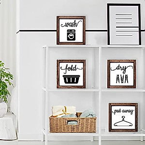 LIBWYS Laundry Sign Set of 4 Wash Dry Fold Put Away Decorative Rustic Handmade Wood Farmhouse Laundry Room Wall Decor (White)
