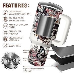 Equoza Horror Gifts Idea for Men - 40oz Gothic Skulls Stainless Steel Travel Mug Tumbler with Handle, Double Wall Vacuun Insulated Cup with Lid and Straw