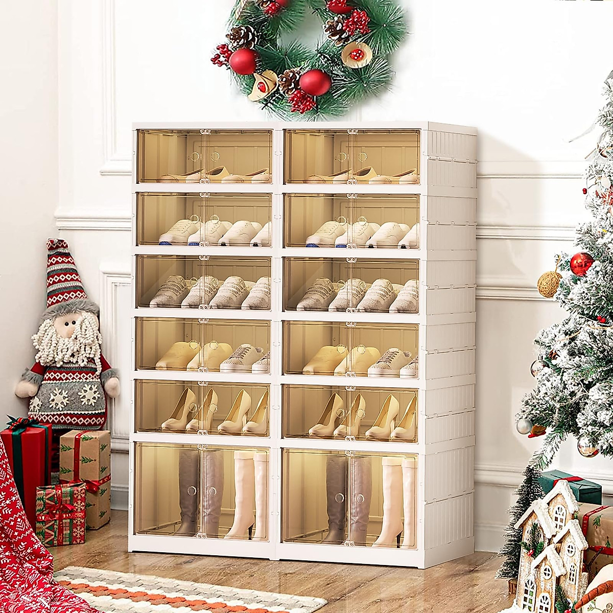 SYNCVIBE Portable Shoe Rack Organizer 6 Tier 24 Pairs Foldable Shoe Box with Doors, Large Folding Cabinet Bins.Stackable Plastic Shoe Box, Storage Shoe Cabinet for Hallway, Living Room, Closet