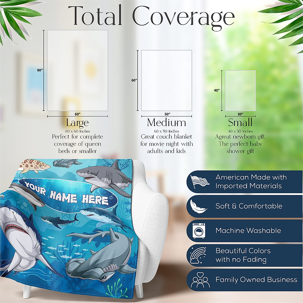 Personalized Shark Blanket for Kids - Ships Next Day and Made in USA - Soft Fleece Throw Bed, Cute Room Decor, Plush Sofa Couch Cover, Lightweight Baby Shark Toys, Custom Gift (Fleece – 50x60)