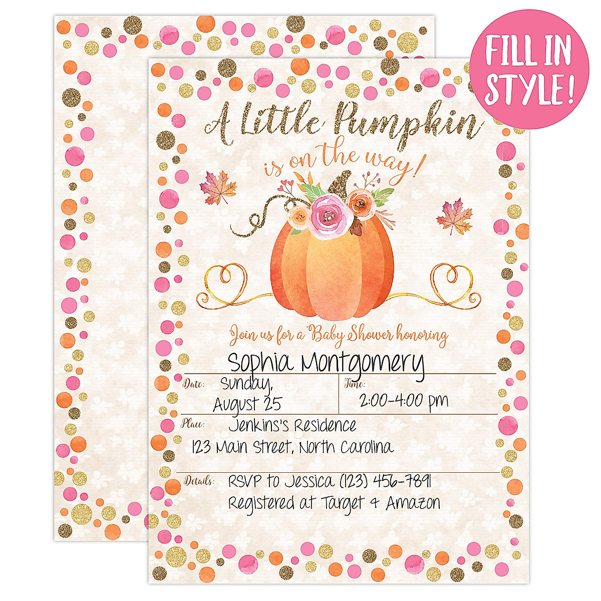 Pumpkin Fall Baby Shower Invitations, A7 Size Envelopes Included, Premium Heavy-weight Card Stock, Two Sided, Autumn Floral Design, 20 Count Pack