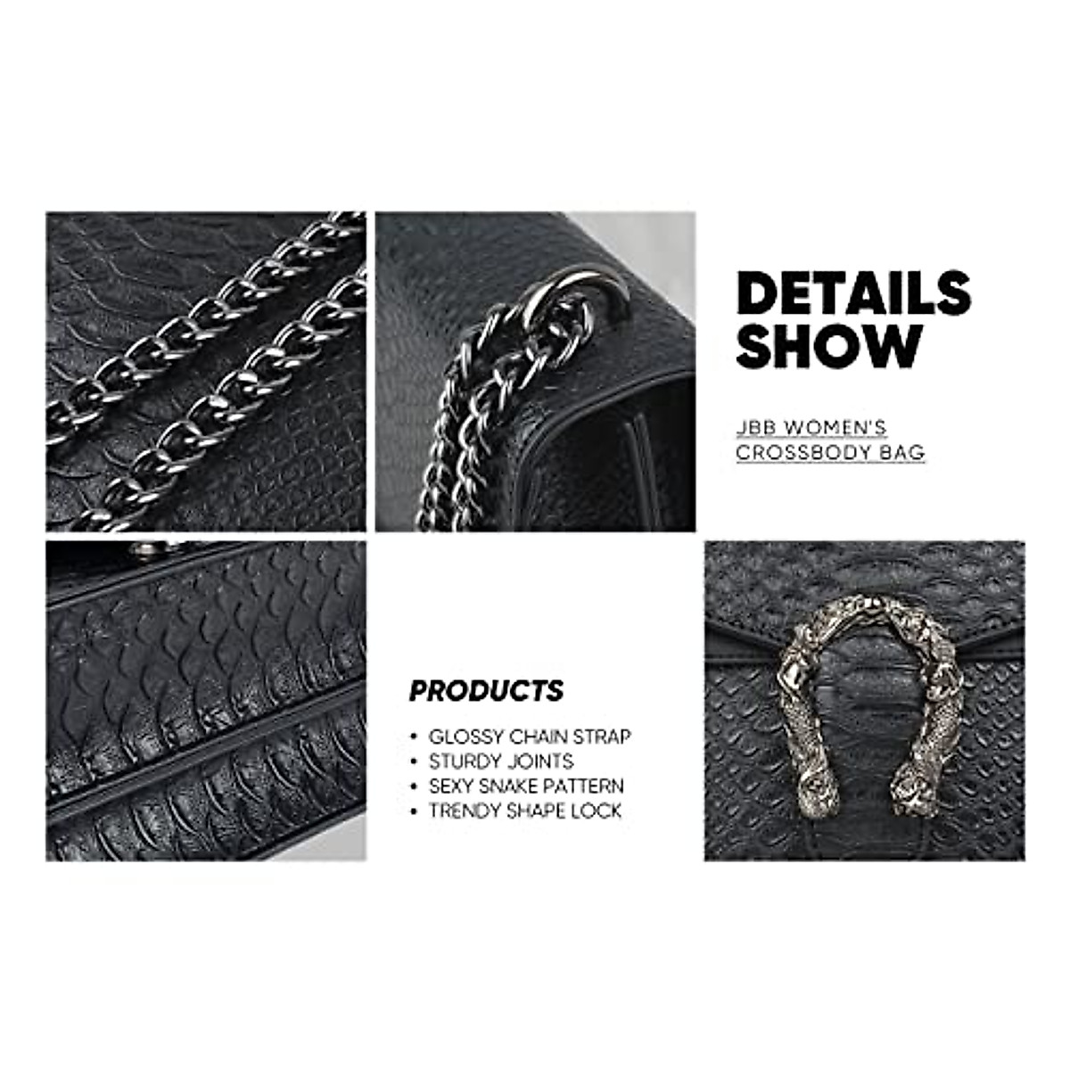 JBB Crossbody Bags for Women Snake Print Clutch Purses Evening Handbags Chain Strap Shoulder Satchel Medium Size Black
