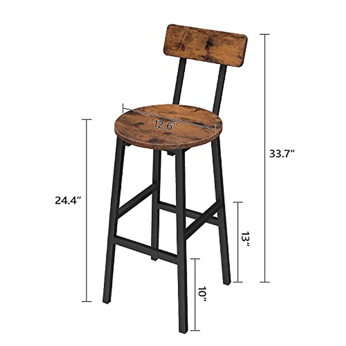 MAHANCRIS Bar Stools, Set of 2 Round Bar Chairs, 24.4 Inches Bar Stools with Back, Breakfast Bar Chairs with Footrest, Counter Bar Stools, for Dining Room, Kitchen, Bar, Rustic Brown BAHR02101