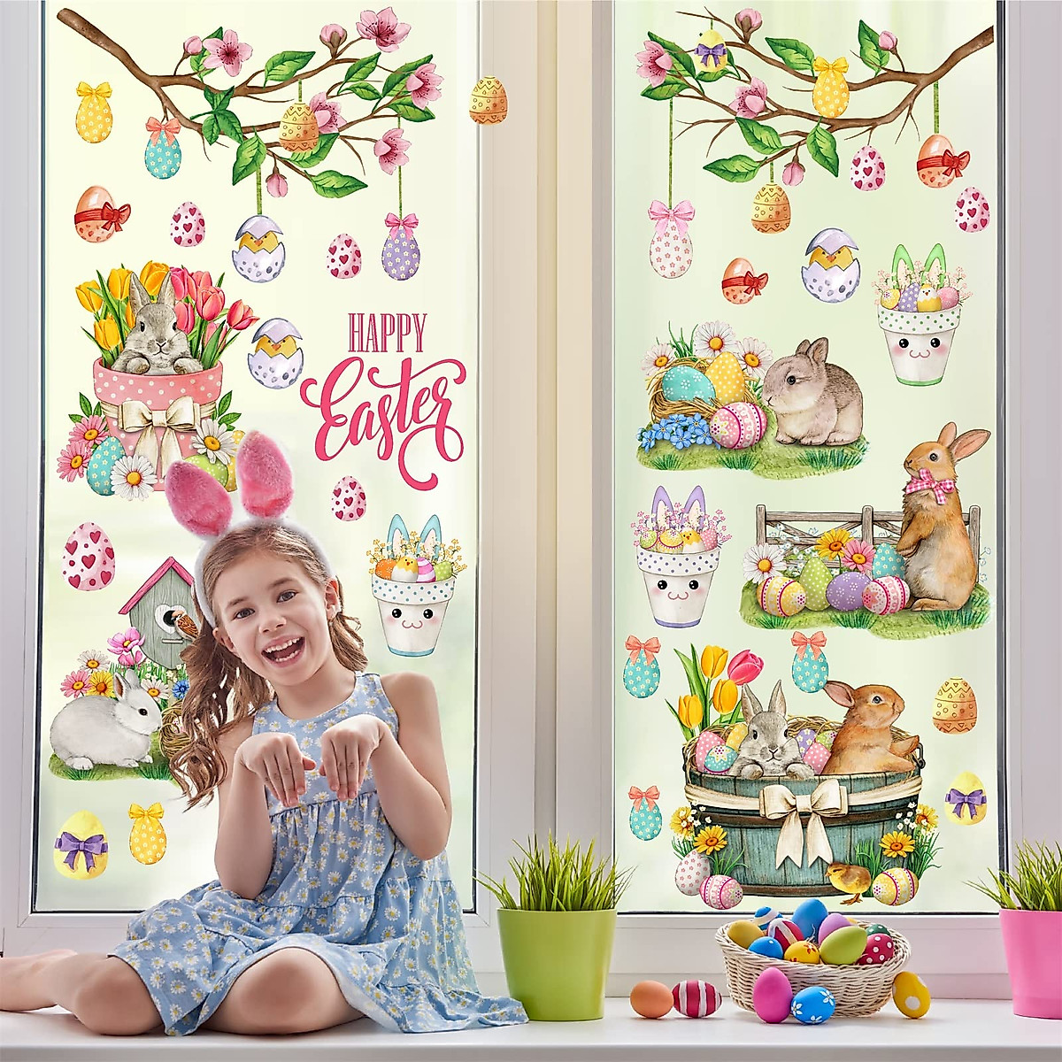 Happy Easter Wall Stickers Bunny Rabbit Wall Decals Peel and Stick Wall Art Decal Easter Egg Wall Decal Spring Flower Tree Branch Window Clings for Kids Room Nursery Living Room Kitchen Decor Gifts