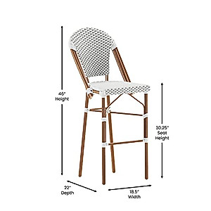Flash Furniture Lourdes Commercial Grade Bistro Bar Height Stool, Stackable Indoor/Outdoor Dining Stool, 30" High, White/Gray and Bamboo Finish, Set of 2