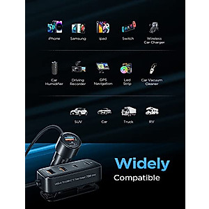 AINOPE 90W USB C Car Charger 6-Port, Super Fast USB Car Charger Fast Charging, PD 30W & QC3.0 Cigarette Lighter Car USB Charger Multi Port with 5FT Cable for iPhone 14/iPad Pro/Samsung S23 Ultra