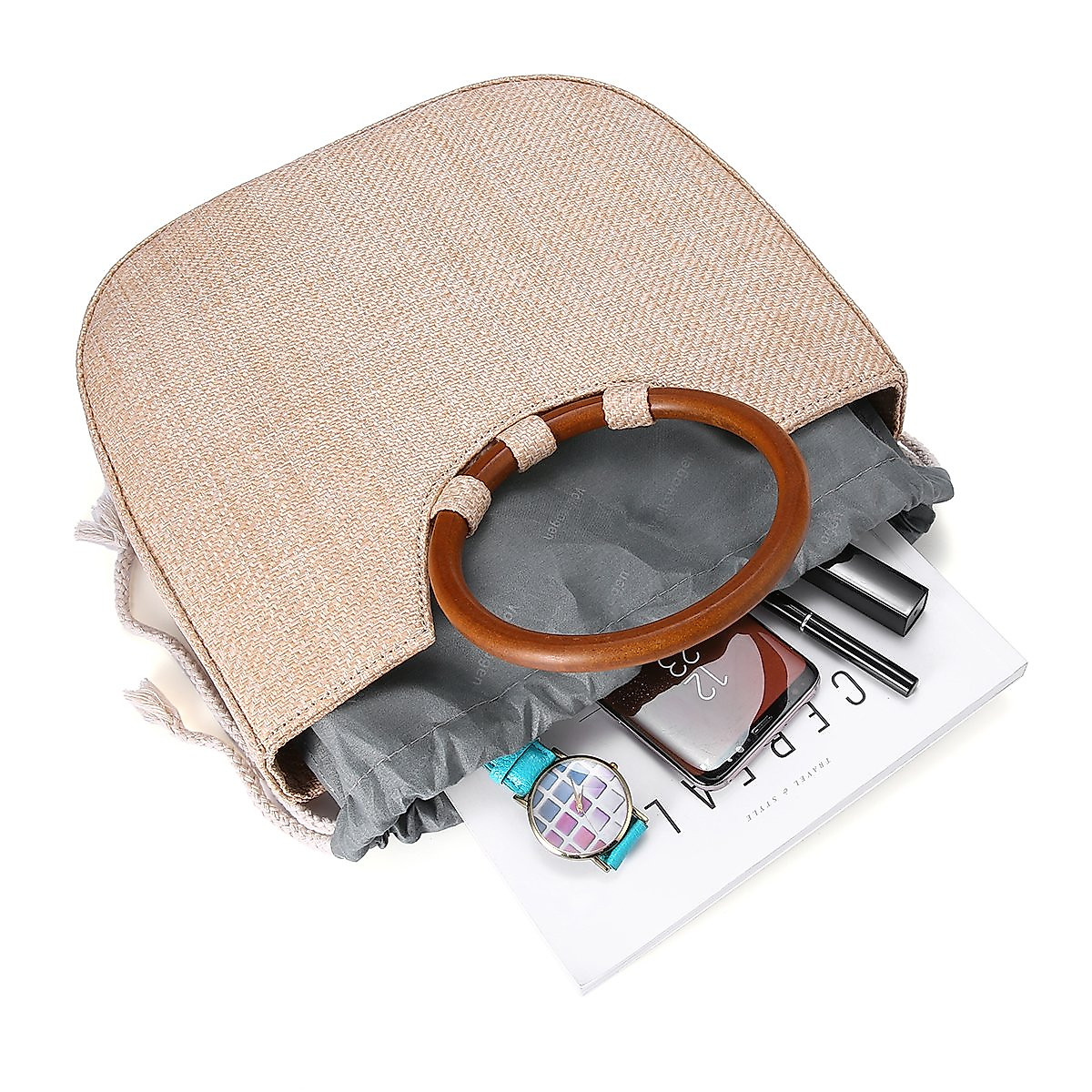 JOSEKO Summer Beach Bag, Womens Straw Handbag Straw Shoulder Bag for Beach Travel and Everyday Use Khaki 11.4" L x 3.5" W x 9.8" H