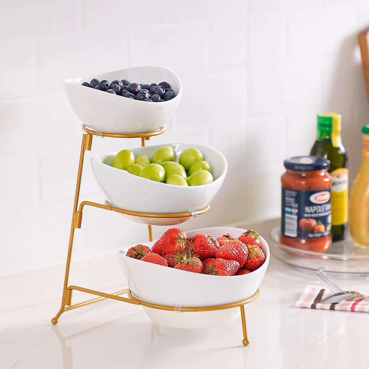 HBlife 3 Tier Oval Bowl Set with Metal Rack, Ceramic Fruit Bowl Serving, Tiered Serving Stand for Dessert Appetizer Cake Candy Chip Dip (Gold)