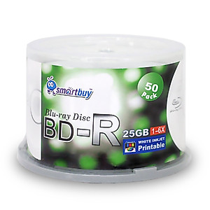 Smartbuy 100 Pack Bd-r 25gb 6X Blu-ray Single Layer Recordable Disc Printable White Inkjet Blank Data Video Media 100 Disc Spindle
