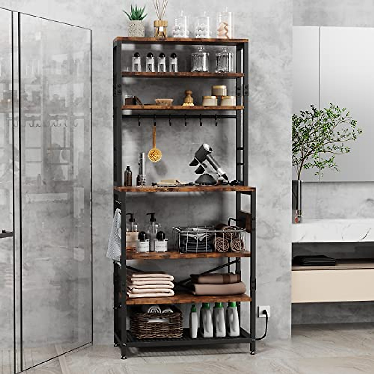Monesti 7-Tier Kitchen Baker’s Rack with Power Outlet，Utility Storage Shelf Rack with 12 Hooks, Industrial Microwave Stand, Floor Standing Spice Rack Organizer Workstation(Rustic Brown).