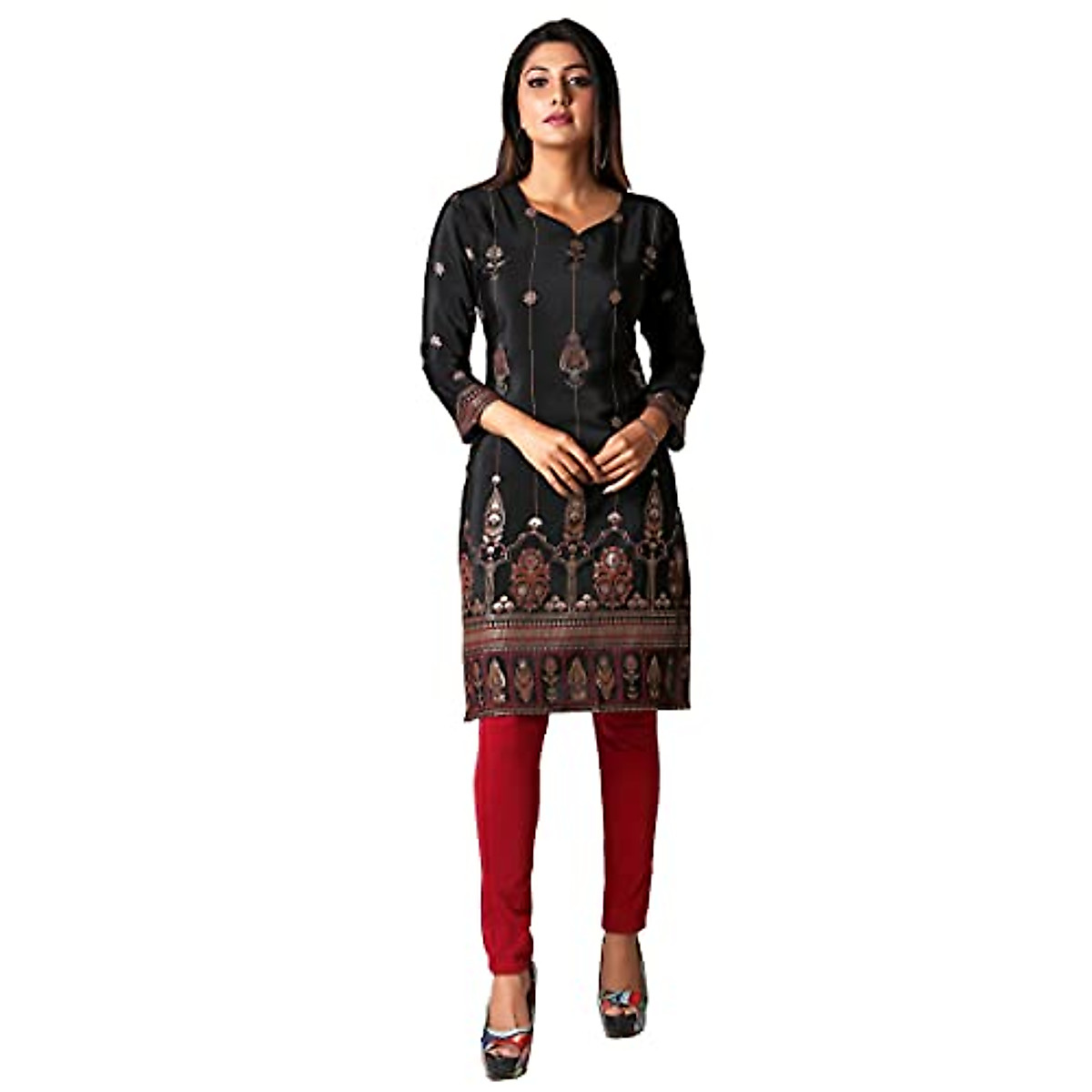 India Kurtis for Women Silk Long Indian Kurta Tunic Party Wear Tops (Black, M)
