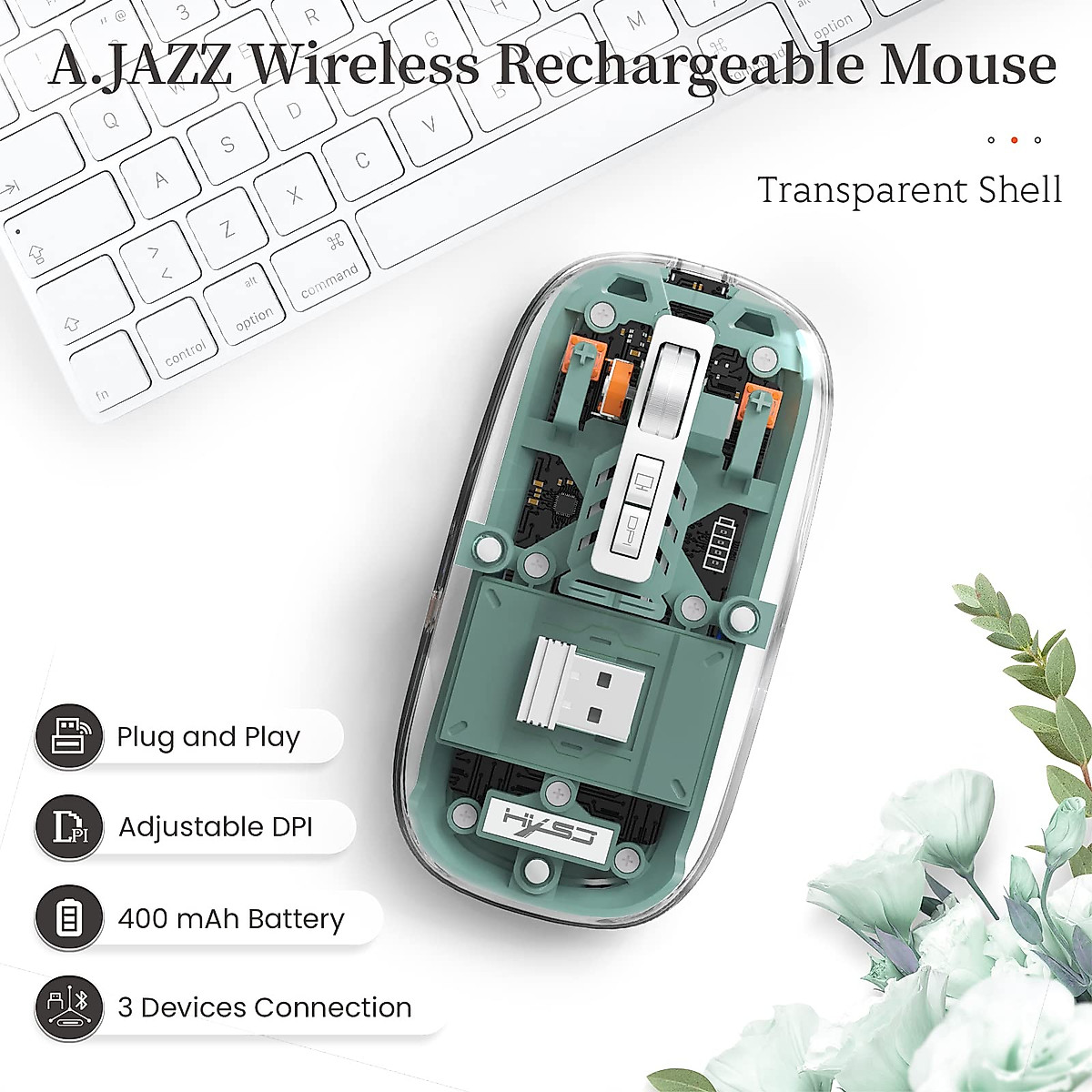 A.JAZZ Wireless Bluetooth5.1&2.4G Mini Lightweight Mouse,Transparent Clear Cool,Rechargeable Silent Computer Mice,Nano USB C Receiver,LED Battery Magic Silm for Office/PC/Mac/Laptop/Apple/ipad(Green)