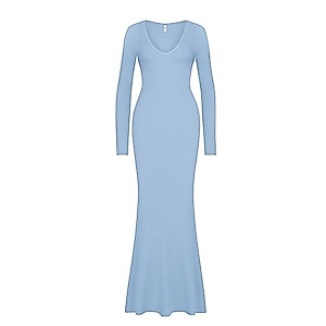 REORIA Women's Sexy Soft Lounge Ribbed Long Dress Fall Elegant Formal Wedding Guest Long Sleeve Deep V Neck Bodycon Maxi Dresses Blue Medium